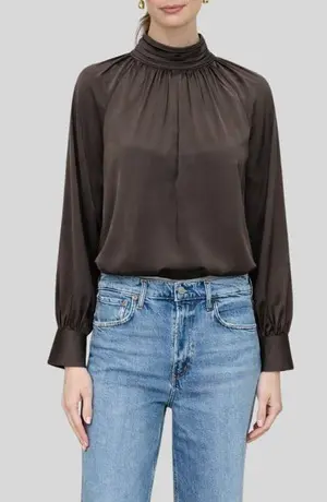 ZOE AND CLAIRE Mock Neck Long Sleeve Satin Top - Brown