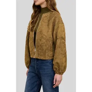 ZOE AND CLAIRE Floral Embroidered Faux Leather Bomber Jacket - Brown