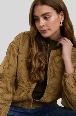 ZOE AND CLAIRE Floral Embroidered Faux Leather Bomber Jacket