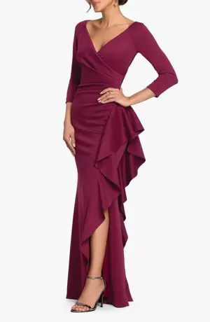 XSCAPE EVENINGS Cascade Ruffle Scuba Crepe Gown - Wine