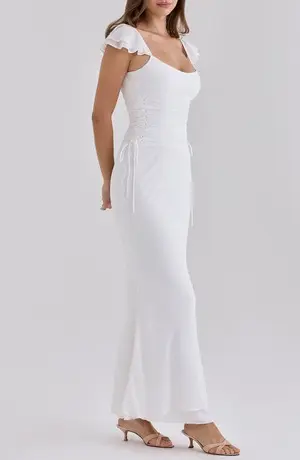 House Of Cb Flutter Sleeve Lace Up Gown