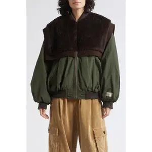 Sea Marta Genuine Shearling Combo Bomber Jacket - Army