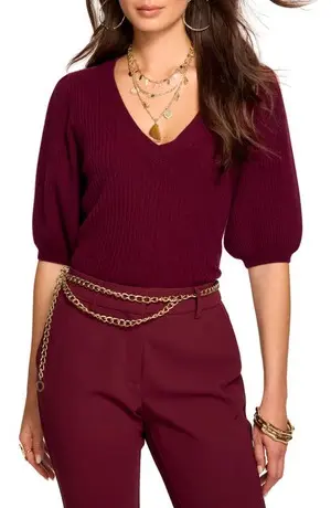 Ramy Brook Cassidee Puff Sleeve Cashmere Sweater - Cranberry