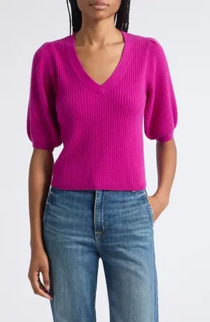 Ramy Brook Cassidee Puff Sleeve Cashmere Sweater - Raspberry