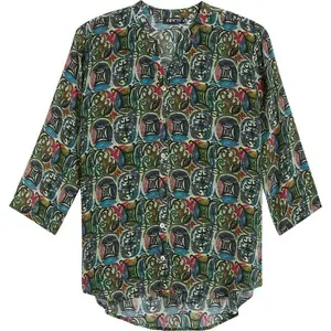 APNY Mandarin Collar Button-up Shirt - Moss/garnet Multi