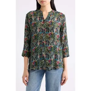 APNY Mandarin Collar Printed 3/4 Sleeve Shirt - Moss/garnet Multi
