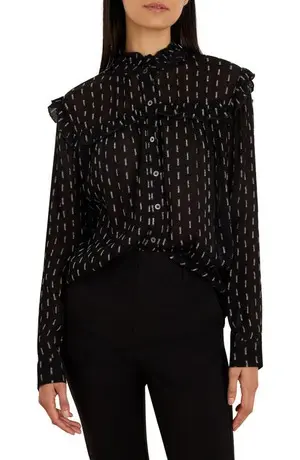 NIC+ZOE Mayfair Nights Ruffle Chiffon Shirt - Black Multi