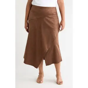 CITY BLUES Faux Leather Asymmetrical Midi Skirt - Brown