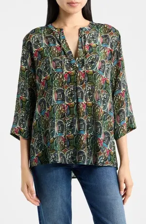 APNY Print Tassel Split Neck Chiffon Top