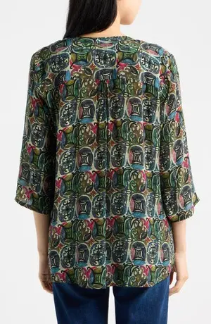 APNY Print Tassel Split Neck Chiffon Top