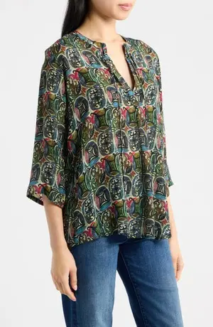 APNY Print Tassel Split Neck Chiffon Top