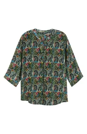 APNY Print Tassel Split Neck Chiffon Top