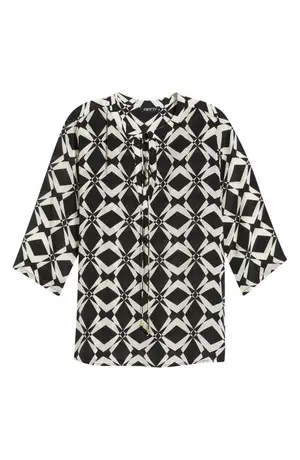 APNY Print Tassel Split Neck Chiffon Top - Midnight/ivory