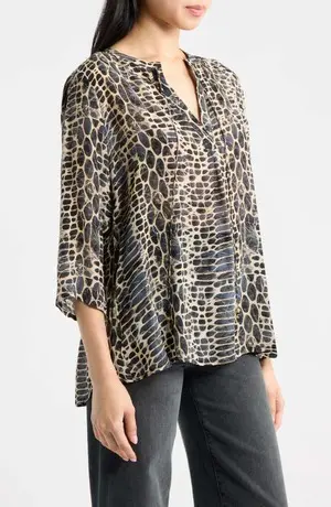 APNY Print Tassel Split Neck Chiffon Top