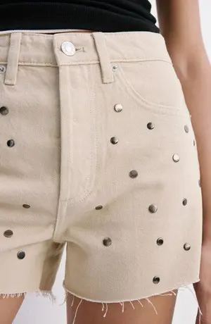 Mango Stud Denim Shorts - Sand