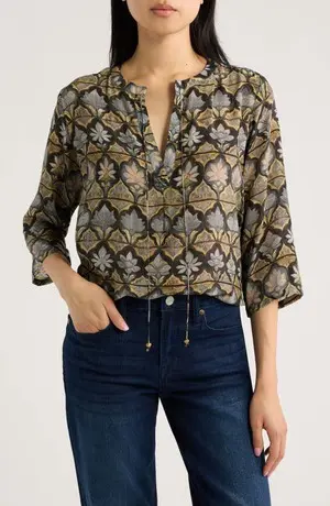 APNY Print Tassel Split Neck Chiffon Top - Sage/peweter Multi
