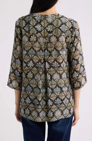 APNY Print Tassel Split Neck Chiffon Top - Sage/peweter Multi