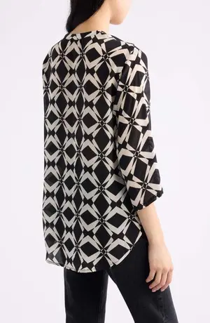 APNY Mandarin Collar Printed Button-up Shirt - Midnight/ivory