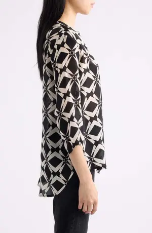 APNY Mandarin Collar Printed Button-up Shirt - Midnight/ivory