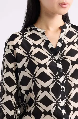 APNY Mandarin Collar Printed Button-up Shirt - Midnight/ivory