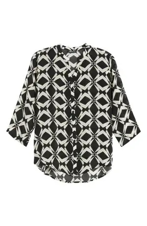 APNY Mandarin Collar Printed Button-up Shirt - Midnight/ivory