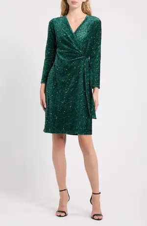 Anne Klein Sequin Long Sleeve Wrap Dress - Pine Forest