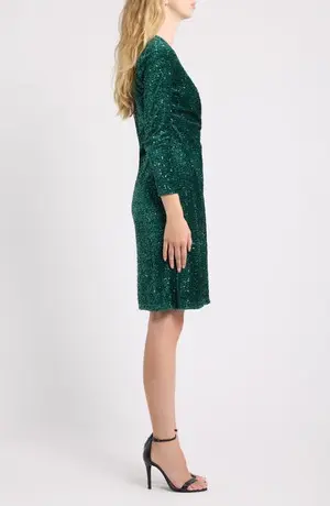 Anne Klein Sequin Long Sleeve Wrap Dress