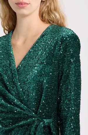 Anne Klein Sequin Long Sleeve Wrap Dress