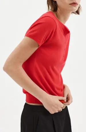 Mango Fine Knit Henley Sweater - Red