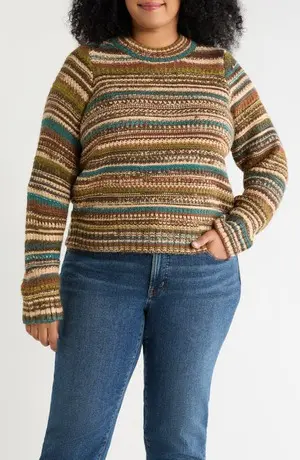 CITY BLUES Striped Crewneck Sweater - Brown Multi