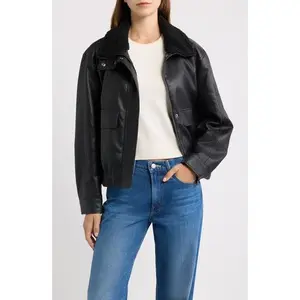 Sam Edelman Faux Leather Stand Collar Bomber Jacket - Black