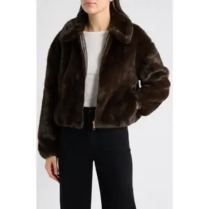 CECE DUPRAZ Zip Front Faux Fur Jacket - Chocolate