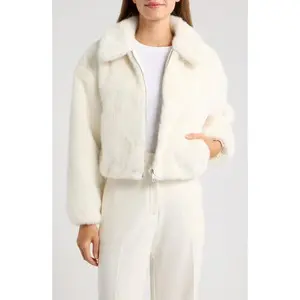 CECE DUPRAZ Zip Front Faux Fur Jacket - Ivory