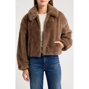 CECE DUPRAZ Zip Front Faux Fur Jacket - Mocha
