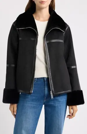 Sam Edelman Faux Fur Trim Oversized Faux Suede Jacket - Black