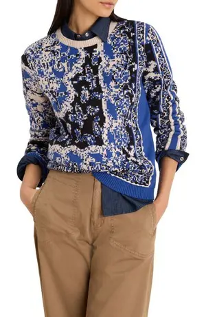 NIC+ZOE Bandana Jacquard Crewneck Sweater - Blue Multi