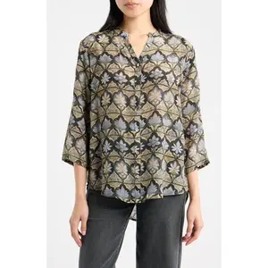 APNY Mandarin Collar Button-up Shirt - Sage/peweter Multi