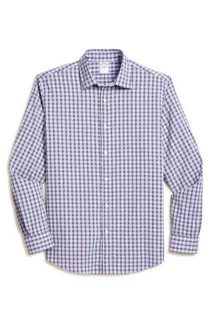 Brooks Brothers Plaid Performance Oxford Dress Shirt - White Navy Checkered