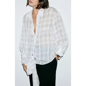 Mango Check Oversize Tie Side Top - Ecru