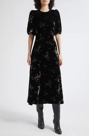 Sea Leda Velvet Puff Sleeve Midi Dress