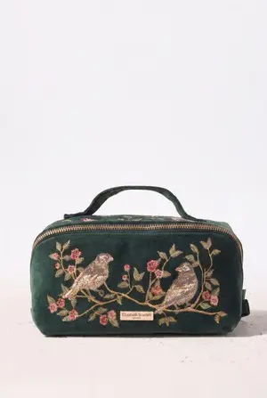 ELIZABETH SCARLETT Songbirds Secret Garden Velvet Open Flat Makeup Bag - Forest
