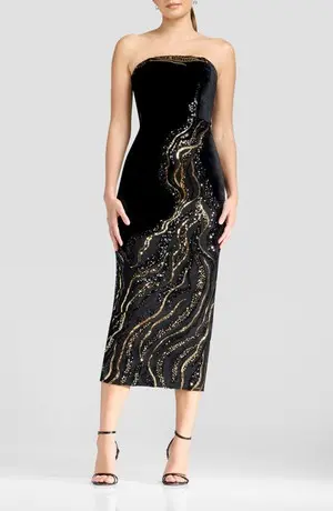 Dress The Population Viviana Sequin Velvet Cocktail Midi Dress - Black Multi
