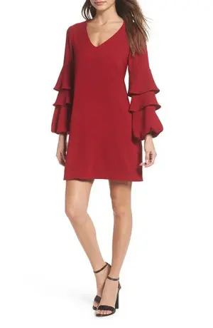 Charles Henry Tiered Ruffle Sleeve Dress - Garnet