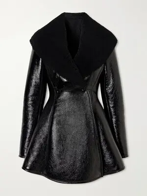 Alaïa Patent Shearling Coat With Shearling Trim