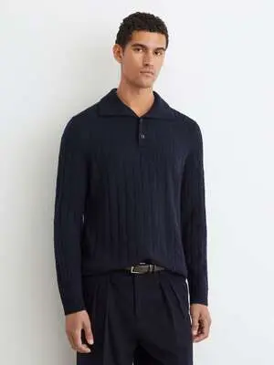 REISS Wool Stitch-detail Half-button Jumper - Navy