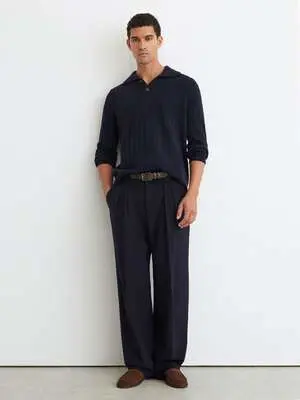 REISS Wool Stitch-detail Half-button Jumper - Navy