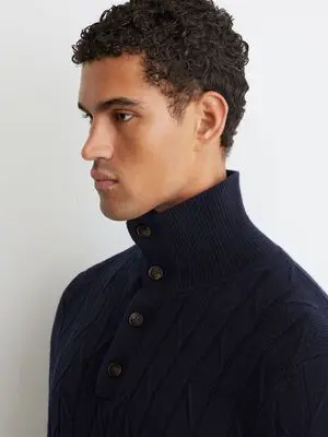REISS Wool Stitch-detail Half-button Jumper - Navy