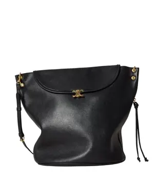 Celine Soft Triomphe Bucket Bag In Shiny Lambskin - Black