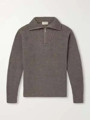 Officine Générale Tarek Ribbed Merino Wool Half-zip Sweater - Brown