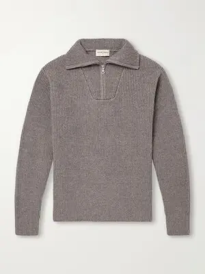 Officine Générale Tarek Ribbed Merino Wool Half-zip Sweater - Brown